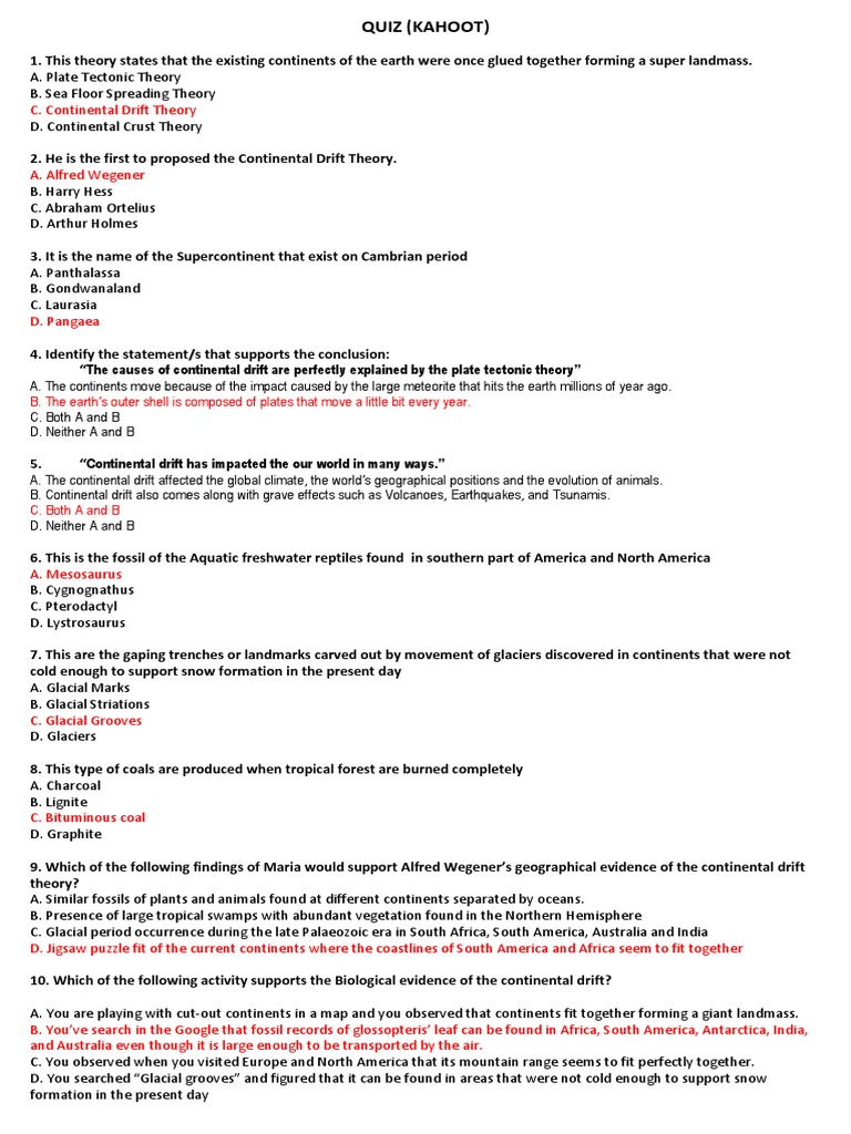 Continental Drift Quiz | PDF | Plate Tectonics | Continent