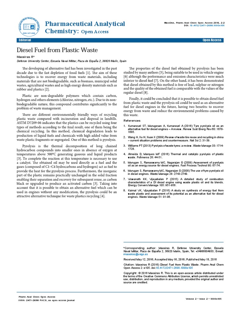 Diesel Fuel From Plastic Waste 2471 2698 1000e105 | PDF | Pyrolysis | Waste