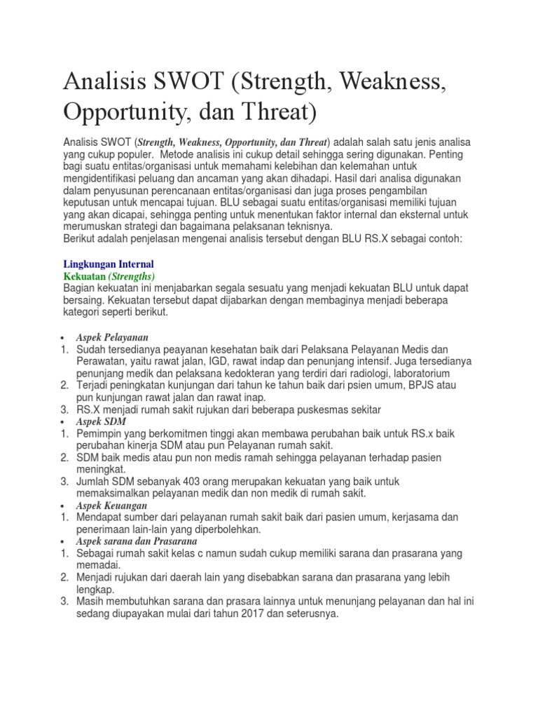 Analisis SWOT Rumah Sakit Tipe C | PDF | Pengelolaan Keuangan & Uang