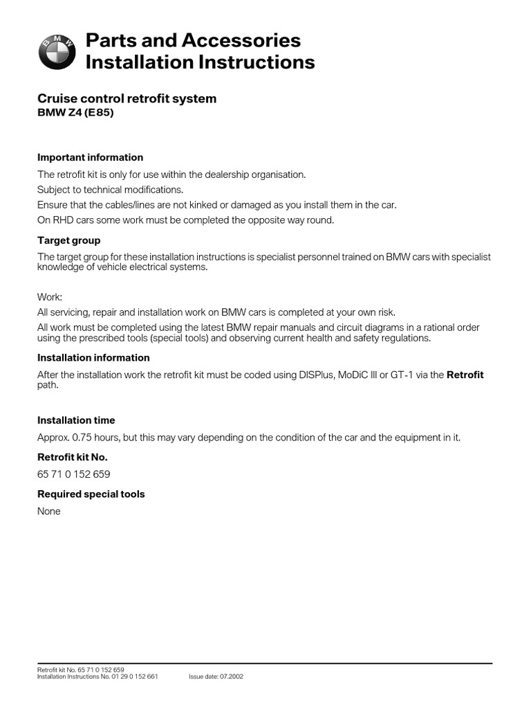 Z4 E85 Cruise Control Retrofit Kit Installation | PDF | Car | Transport