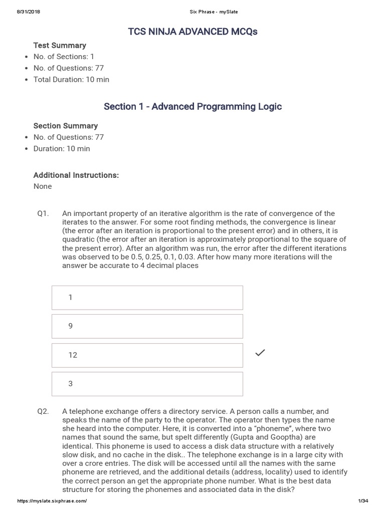 TCS Adv MCQ With Answers | PDF | Computer Programming | Algorithms And ...