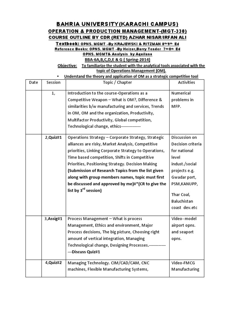 Operations & Production Management Course Outline | PDF | Operations ...
