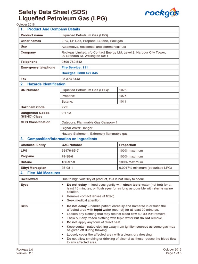 Safety Data Sheet (SDS) Liquefied Petroleum Gas (LPG) : 1. Product and Company Details | PDF ...