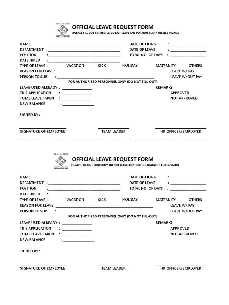 Official Leave Request Form: For Authorized Personnel Only (Do Not Fill ...