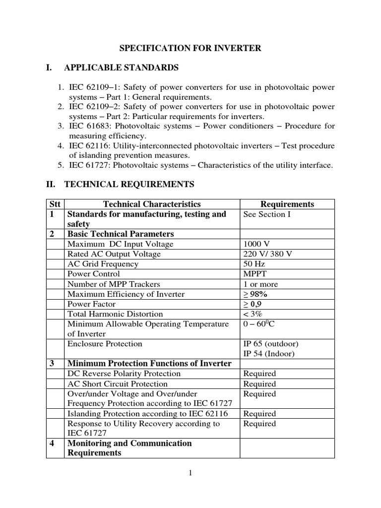 Specification For Inverter 15-03 | PDF | Power Inverter | Photovoltaic ...