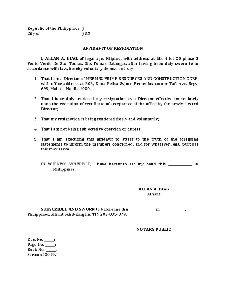 Affidavit of Resignation As Shareholder of The Company | PDF