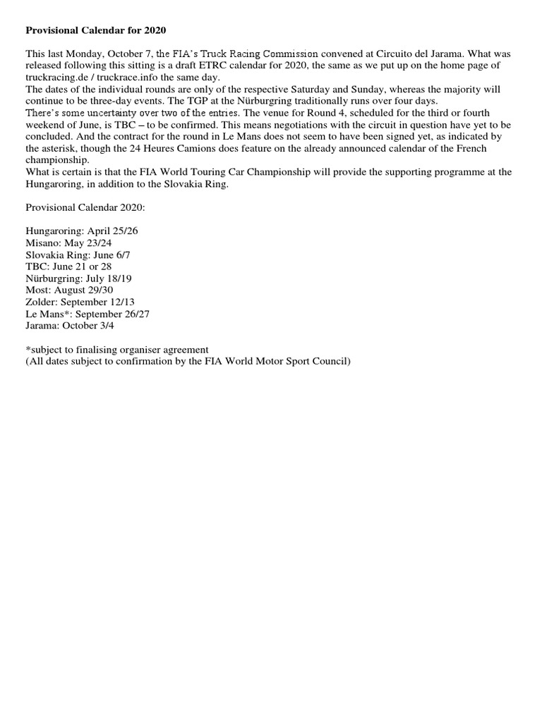 2020 Provisional Truck Racing Calendar | PDF | Sports & Recreation