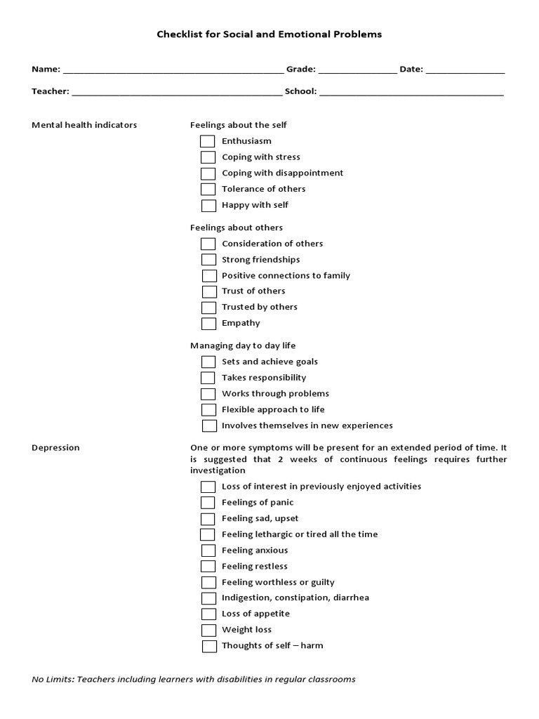 Social and Emotional Checklist | PDF | Child Abuse | Feeling