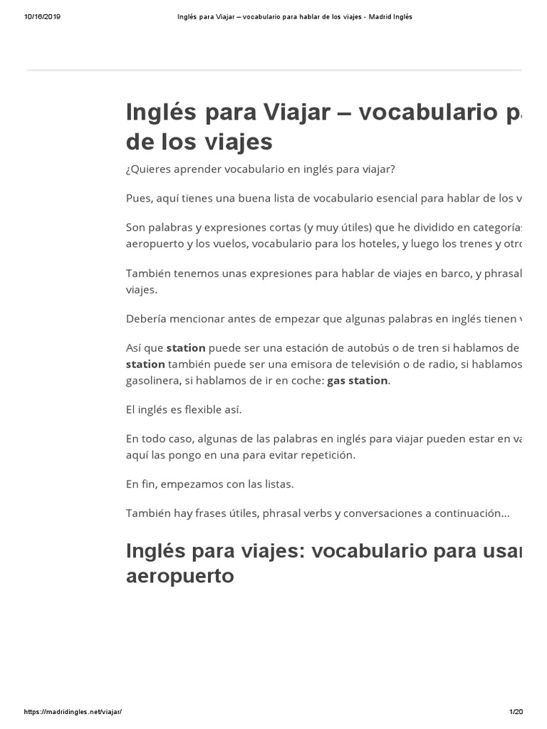 Inglés para Viajar - Vocabulario para Hablar de Los Viajes | PDF ...