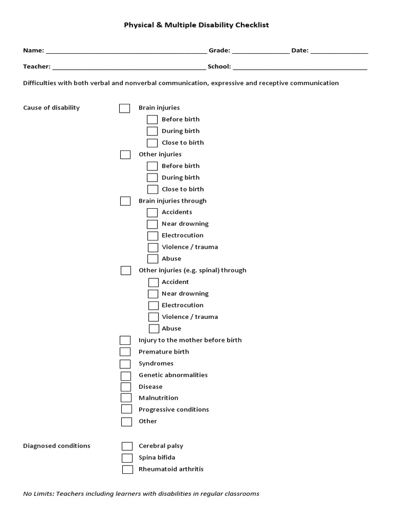 Physical & Multiple Disability Checklist | Download Free PDF ...