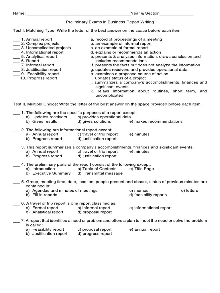 Prelim Exam in Bus. Report Writing | PDF | Test (Assessment ...