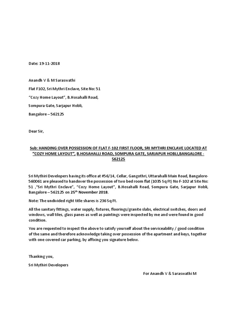 Possession Letter for Flat F-102 | PDF