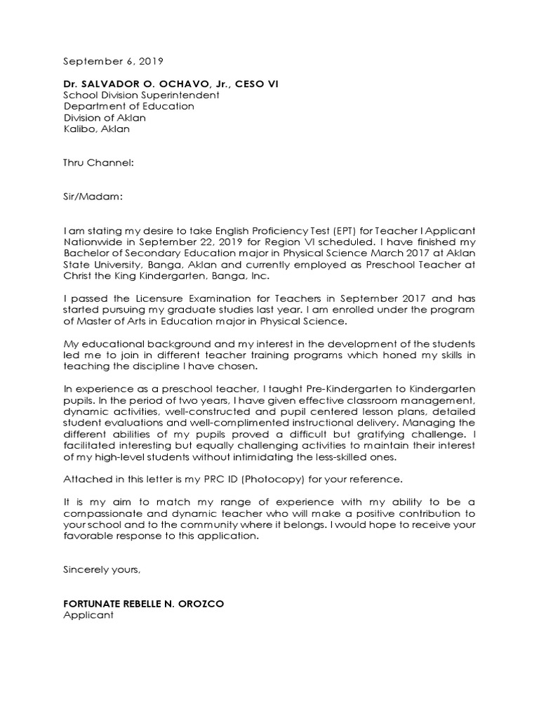 English Proficiency Test Application Letter | PDF | Career & Growth ...