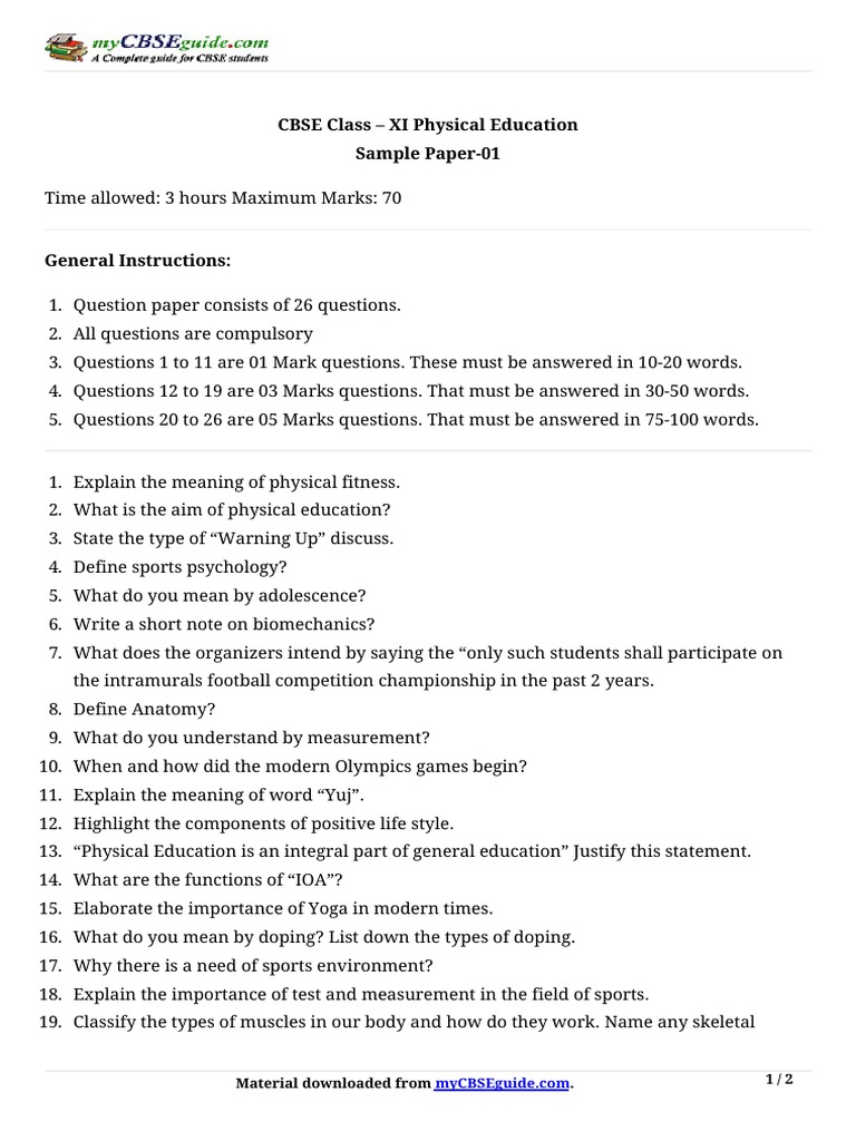 CBSE Class - XI Physical Education Sample Paper-01: Material Downloaded ...