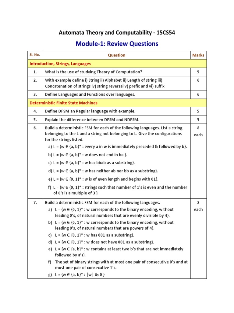 Module-1: Review Questions: Automata Theory and Computability - 15CS54 ...