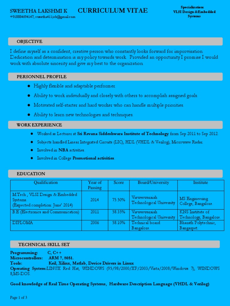A Detailed Curriculum Vitae Showcasing Sweetha Lakshmi K's Specialization in VLSI Design and ...