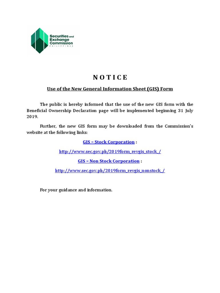 Notice: Use of The New General Information Sheet (GIS) Form | PDF