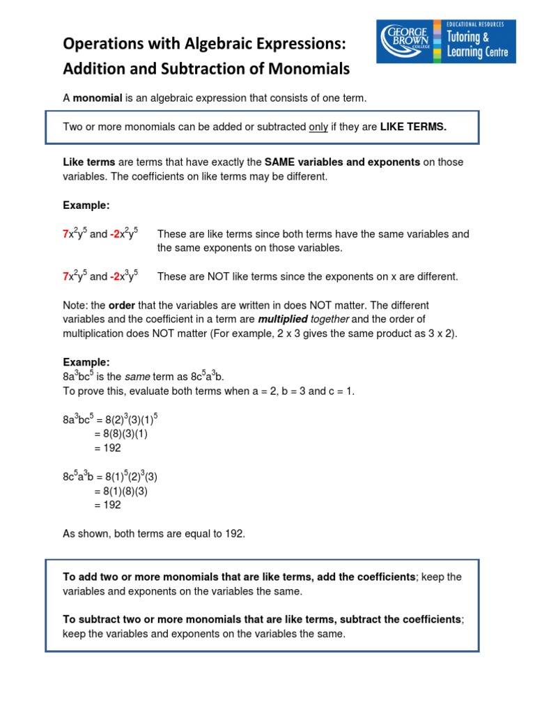Operations With Algebraic Expressions - Addition and Subtraction of ...