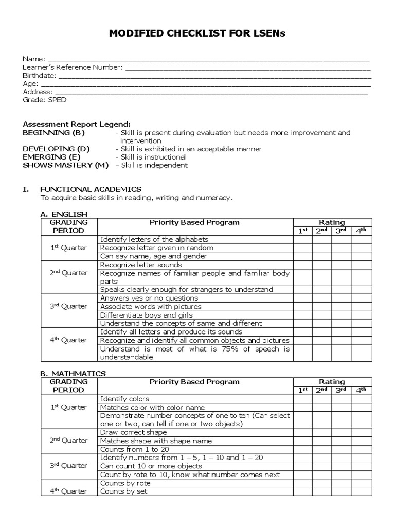 Modified Checklist For LSENs | PDF | Object (Grammar) | Communication