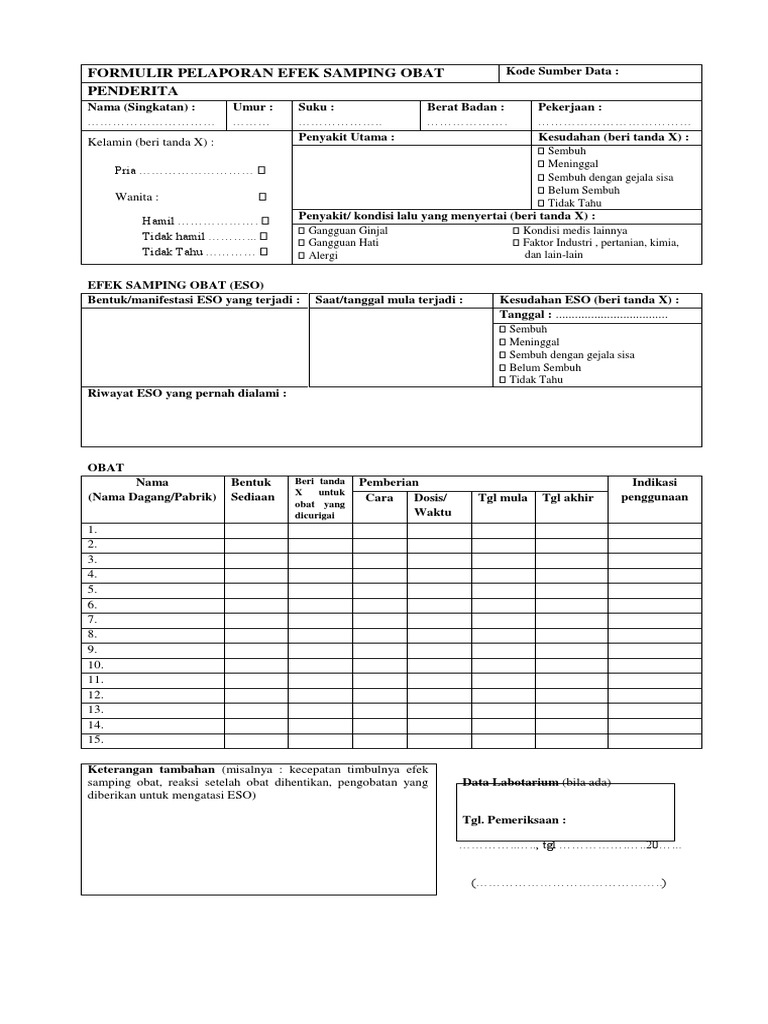 Formulir Pelaporan Efek Samping Obat Word | PDF