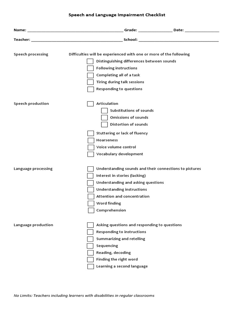 Speech and Language Impairment Checklist | PDF | Speech | Human ...