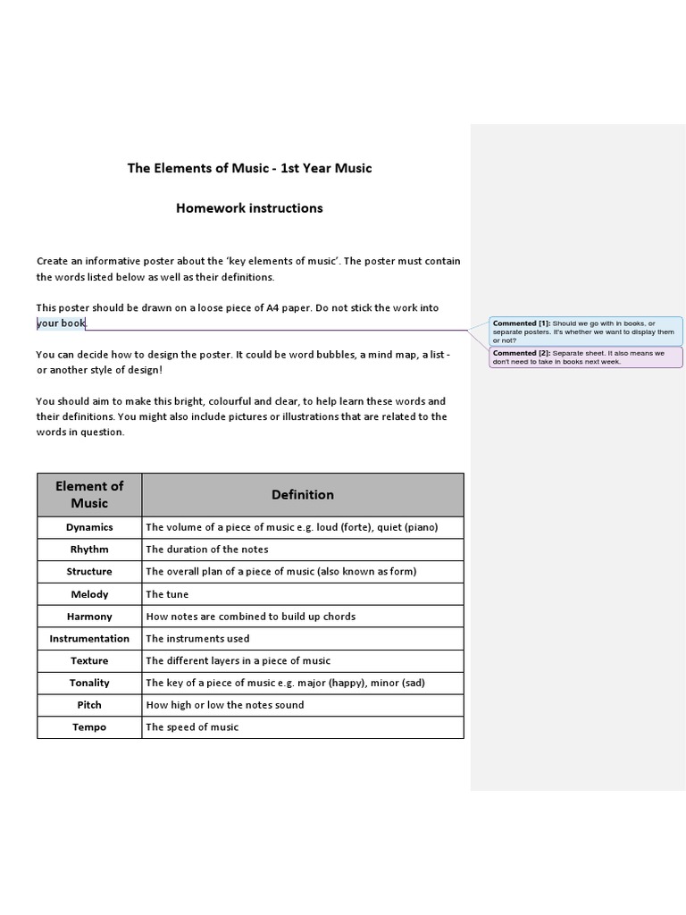 The Elements of Music - 1st Year Music Homework Instructions | PDF