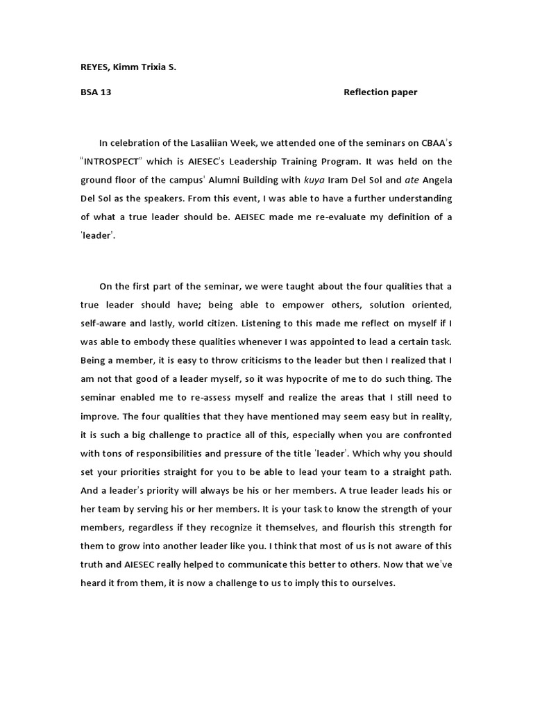 REYES, Kimm Trixia S. BSA 13 Reflection Paper | PDF | Leadership ...