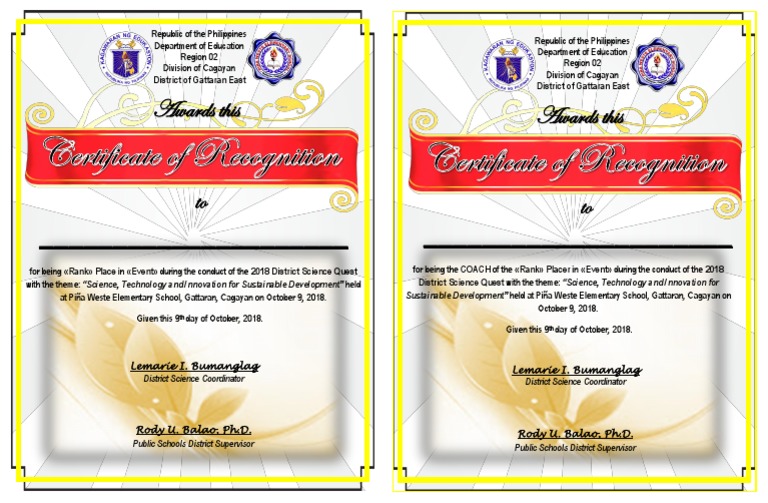 Certificate of Recognition for Achievement in the 2018 District Science ...
