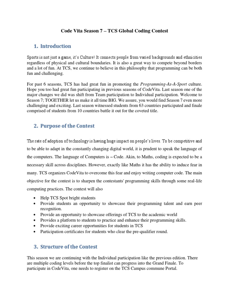 Code Vita Season 7 - TCS Global Coding Contest | PDF | Assignment (Law ...