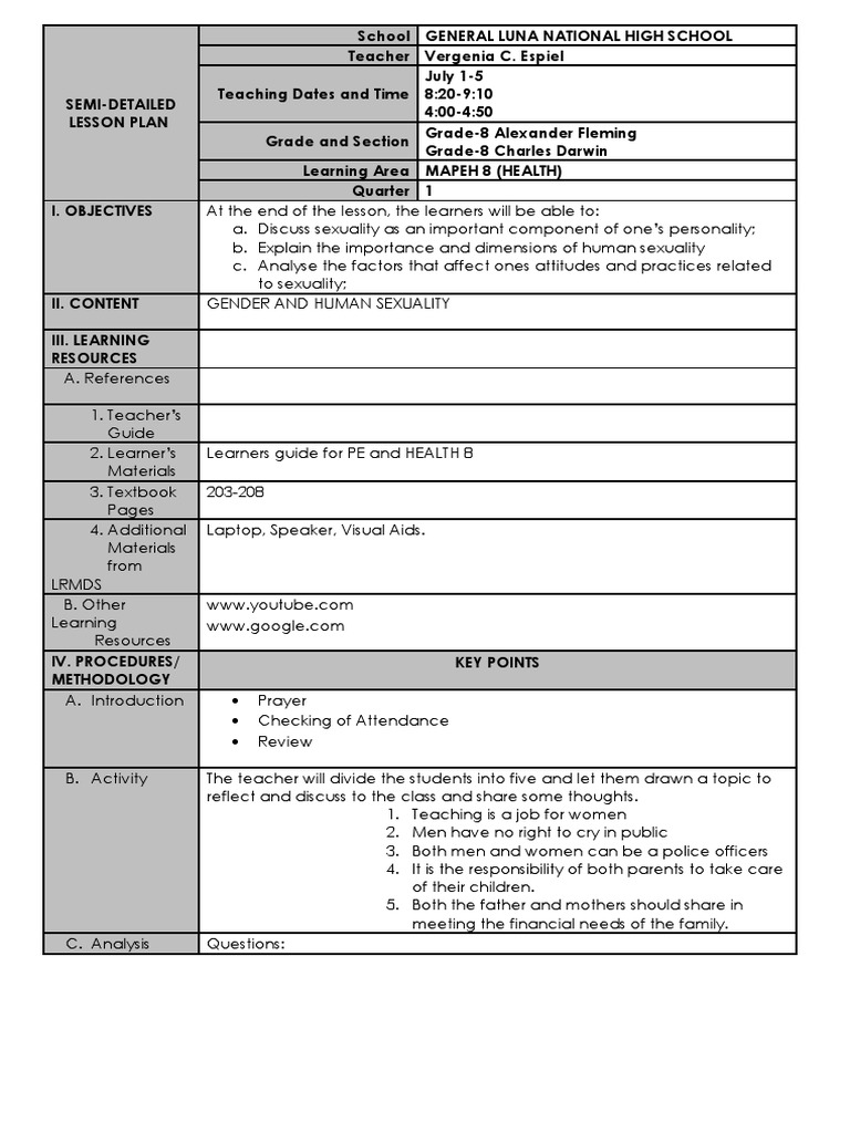 Lesson Plan Mapeh 8 HEALTH 4 | PDF | Lesson Plan | Teachers