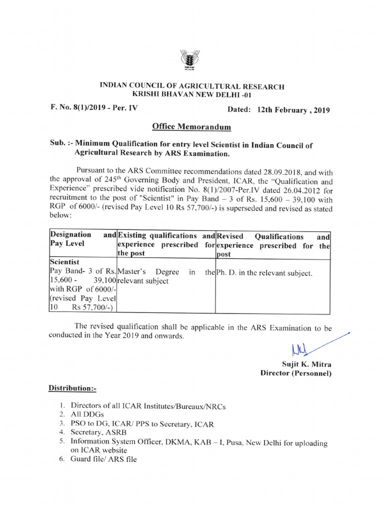 Minimum Qualification For Entry Level Scientists in ICAR | PDF