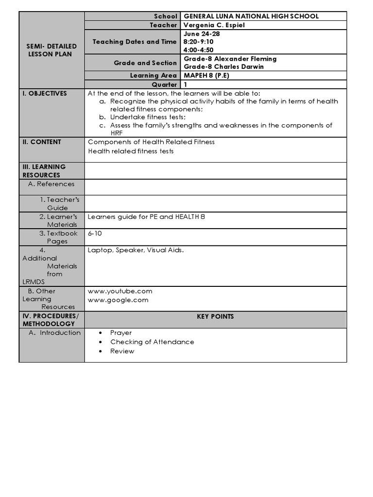 Lesson Plan Mapeh 8 PE 3 | Physical Fitness | Lesson Plan