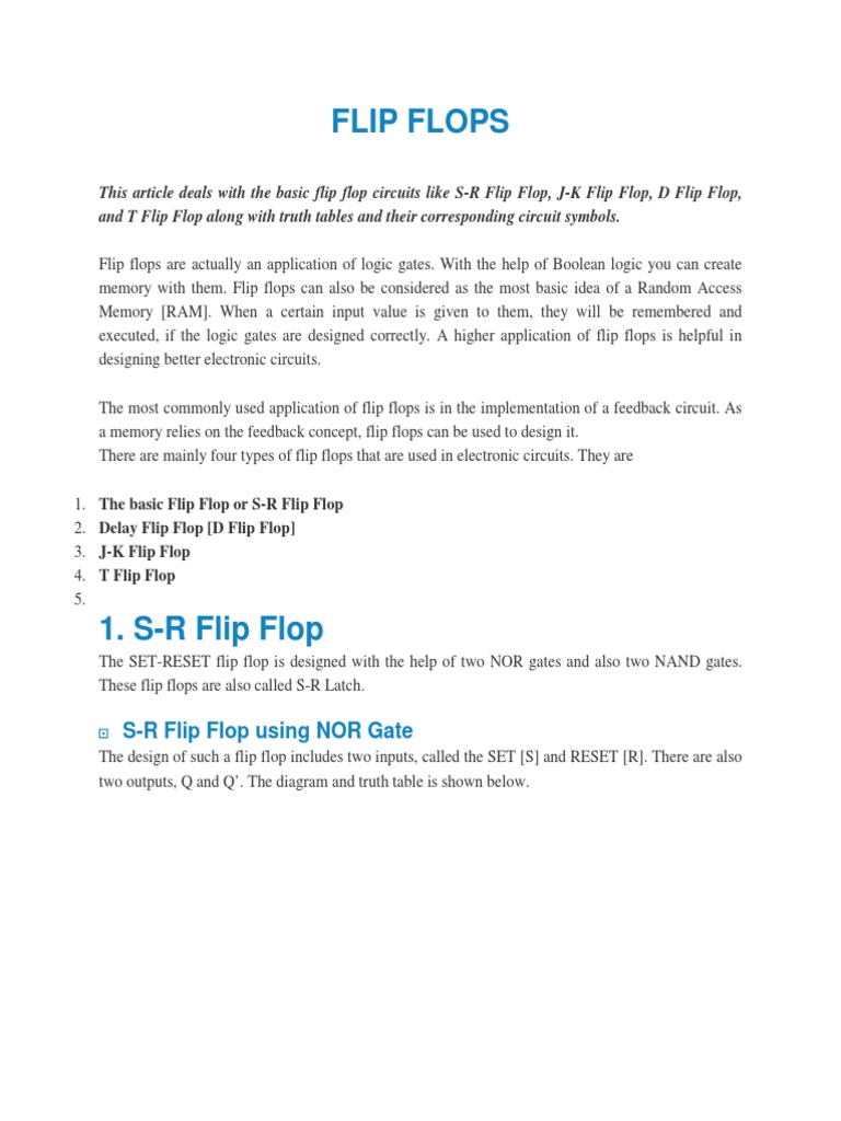 Basic Flip Flop Circuits Explained | PDF | Logic Gate | Electronic ...