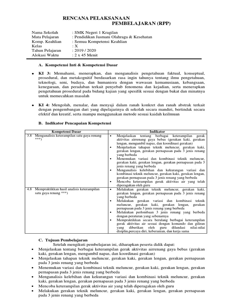 RPP Kelas 10 k13 Renang | PDF