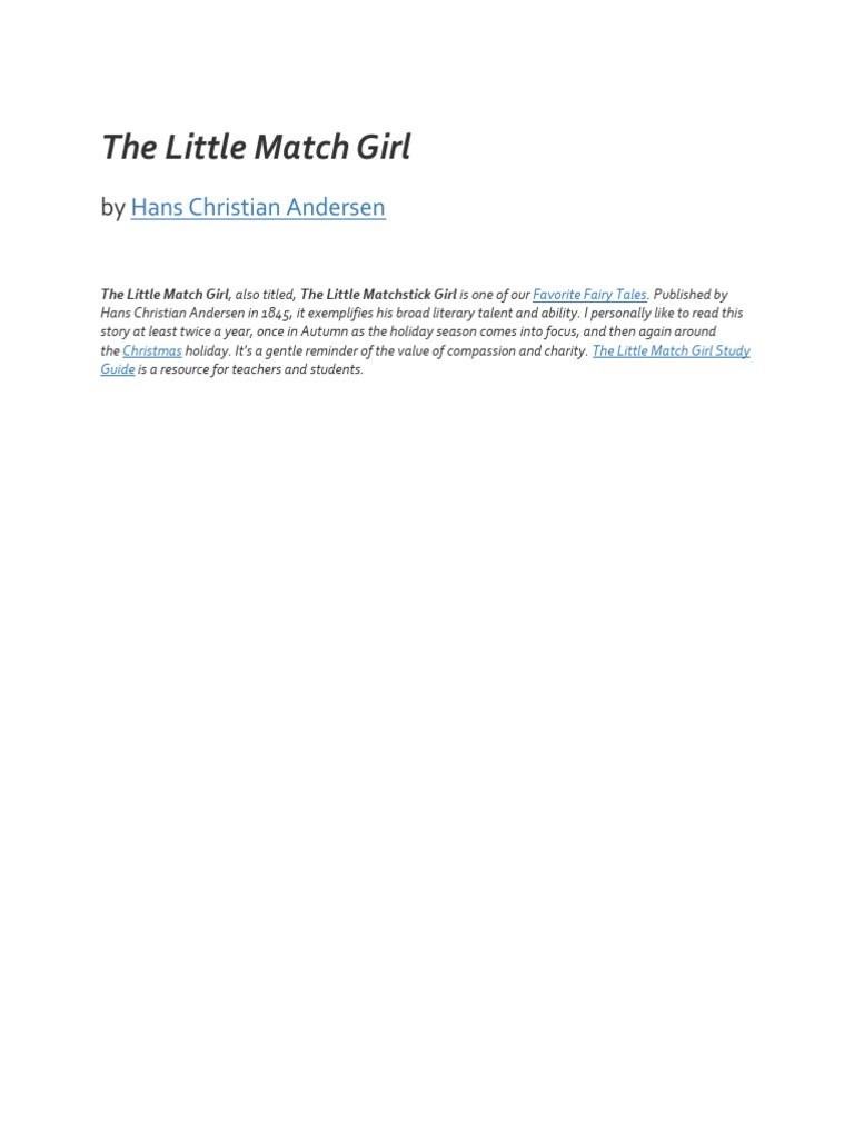 The Little Match Girl: Hans Christian Andersen | PDF