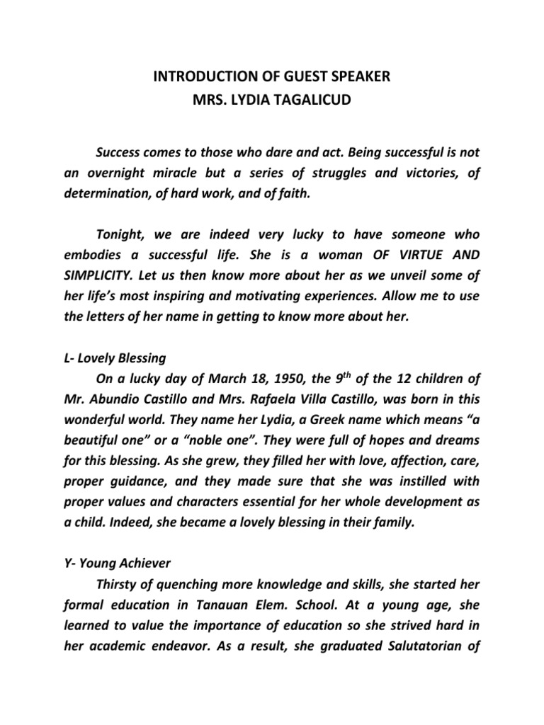 Introduction of Guest Speaker Mrs. Lydia Tagalicud | PDF | Wellness