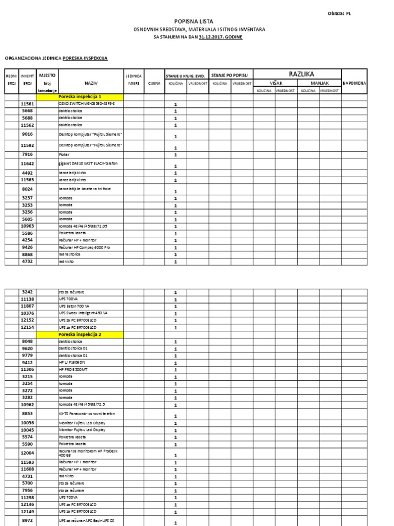 Popisne Liste - Poreska Inspekcija | PDF