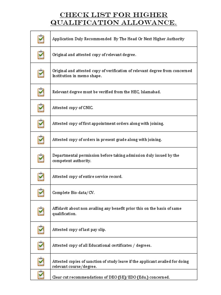 Check List For Higher Qualification Allowance | PDF