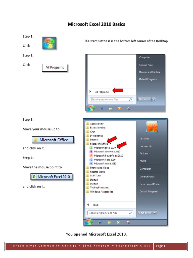 Microsoft Excel 2010 Basics: Step 1 | PDF | Spreadsheet | Microsoft Excel