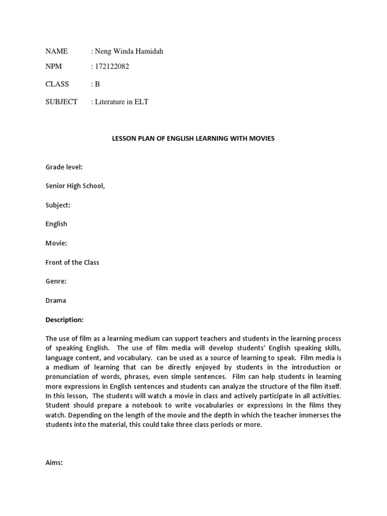 Lesson Plan - Neng Winda Hamidah (172122082) | PDF | Lesson Plan | Teachers
