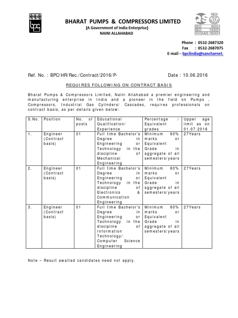 Bharat Pumps & Compressors Limited: Ref. No.: BPC/HR/Rec./Contract/2016 ...