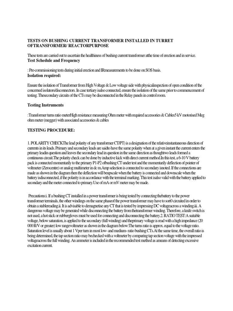 Tests On Bushing Current Transformer Installed | PDF | Transformer ...