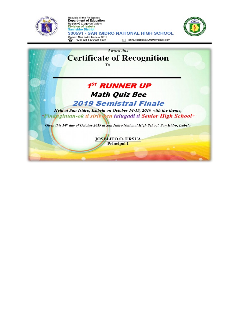 Certificate of Recognition: 1 Runner Up | PDF