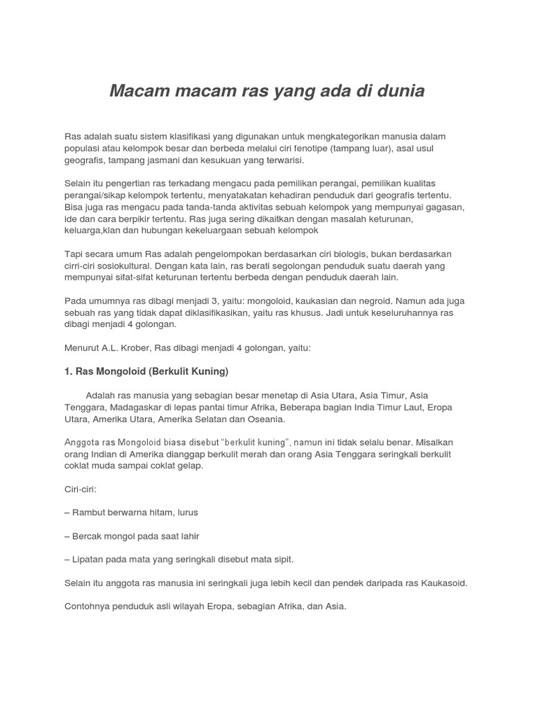 Klasifikasi Ras Manusia di Dunia | PDF