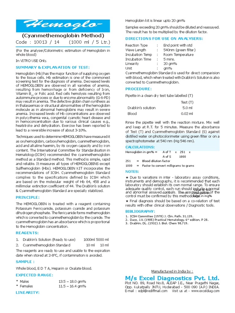 Hemoglo-: (Cyanmethemoglobin Method) | PDF | Anemia | Hemoglobin