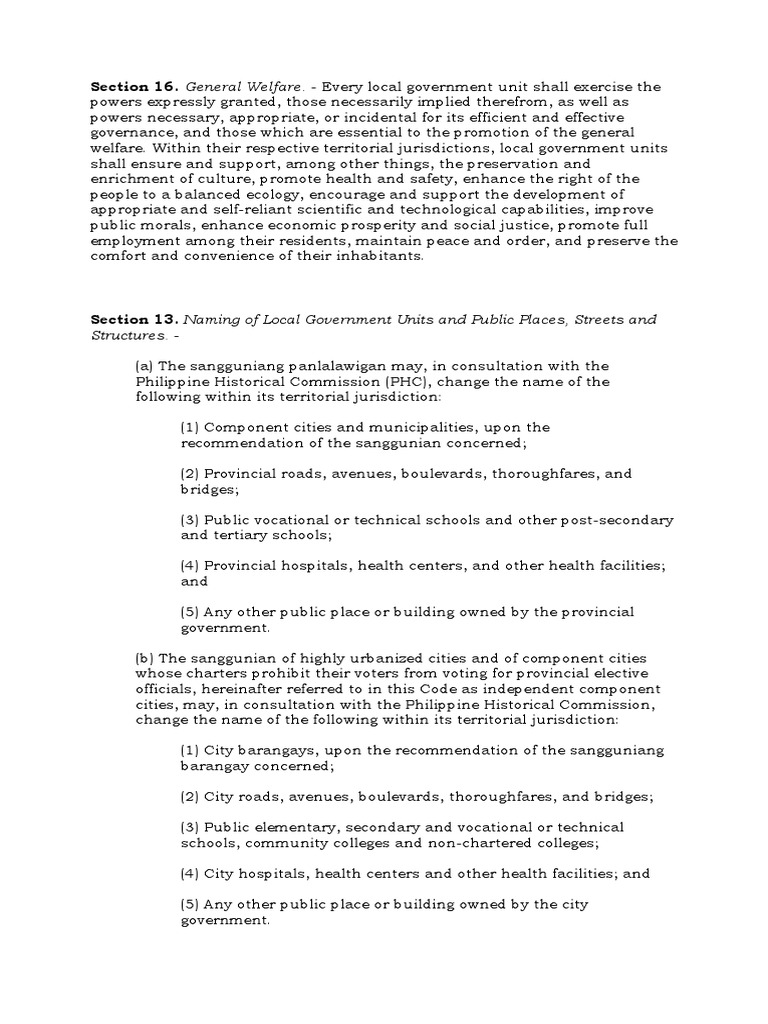 Section 16. General Welfare. - Every Local Government Unit Shall ...