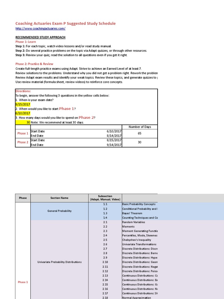 Coaching Actuaries Exam P Suggested Study Schedule: Phase 1: Learn ...