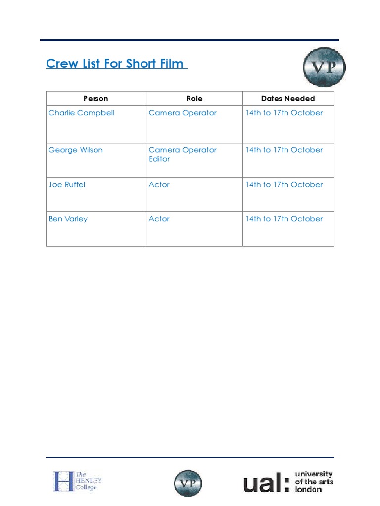 Short Film Crew List | PDF