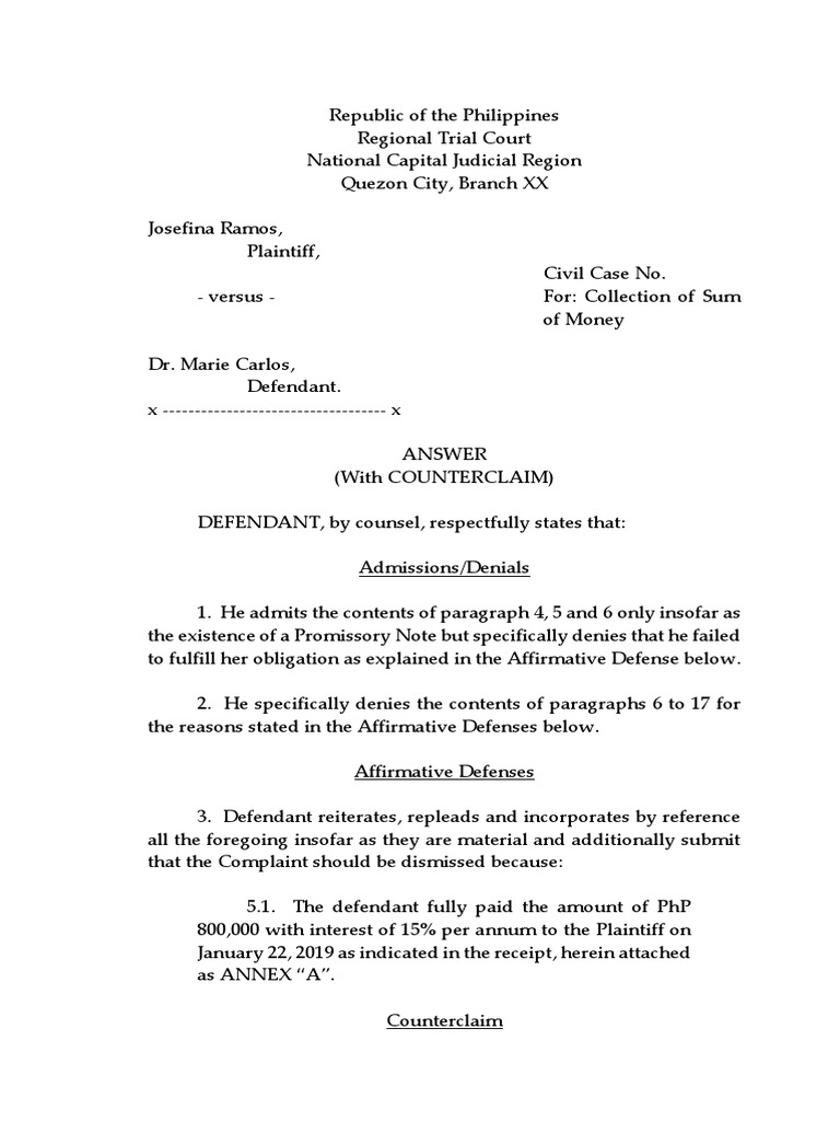 Answer With Counterclaim - Complaint For Collection of Sum of Money | PDF | Lawsuit | Complaint