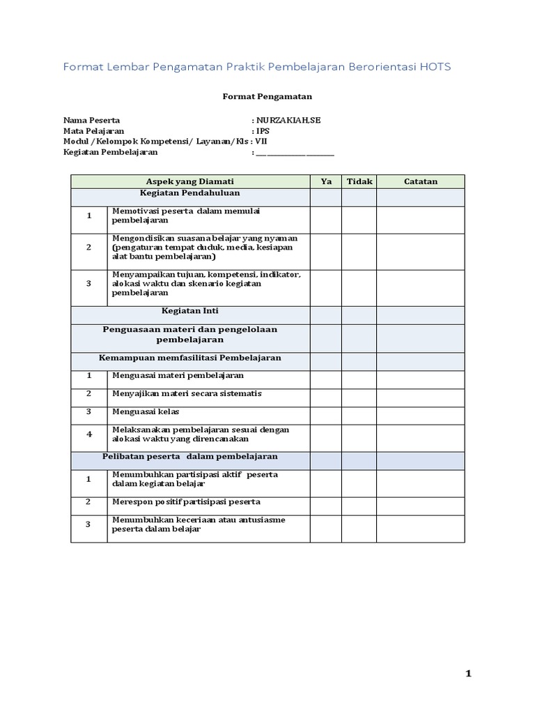 Format Lembar Pengamatan Praktik Pembelajaran Berorientasi HOTS | PDF